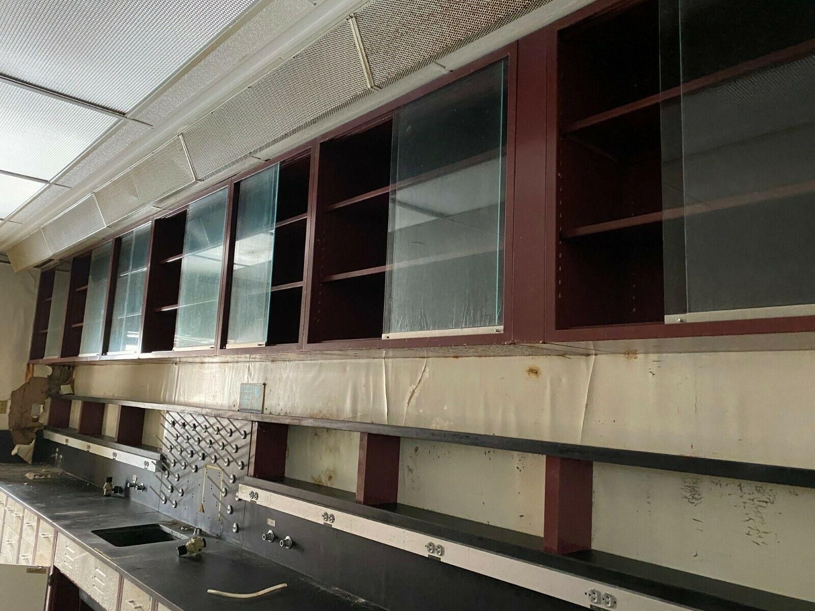 Maroon Red Overhead Chem Lab Cabinets w/ Glass Sliding Doors & Shelves ...