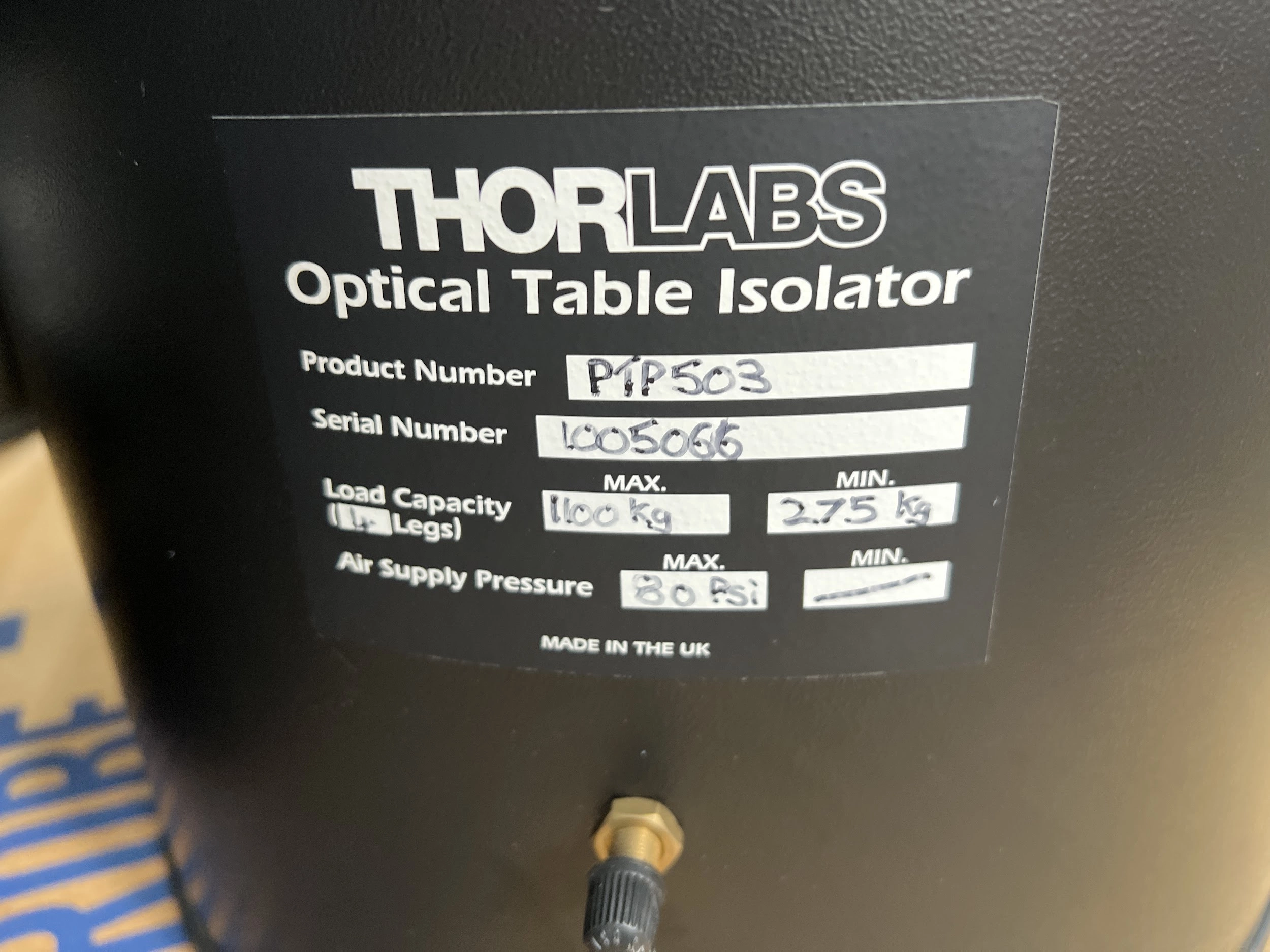 Thorlabs Optical Table Static Pressure Isolator Ptp503 Breadboard Leg