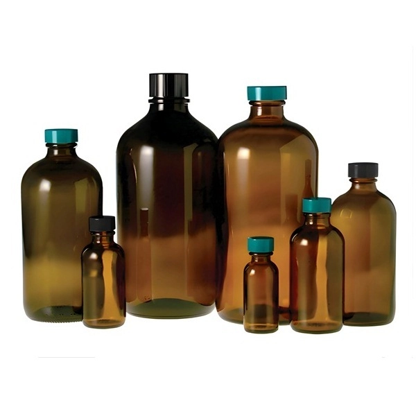Qorpak 16oz (480ml) Amber Boston Round with 28-400 Black Phenolic Pulp ...